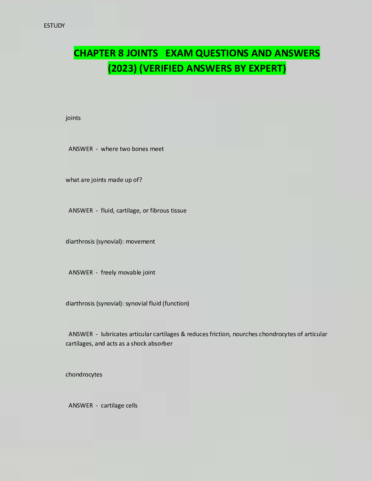 CHAPTER 8 JOINTS EXAM QUESTIONS AND ANSWERS (2023) (VERIFIED ANSWERS BY EXPERT) - Scholarfriends